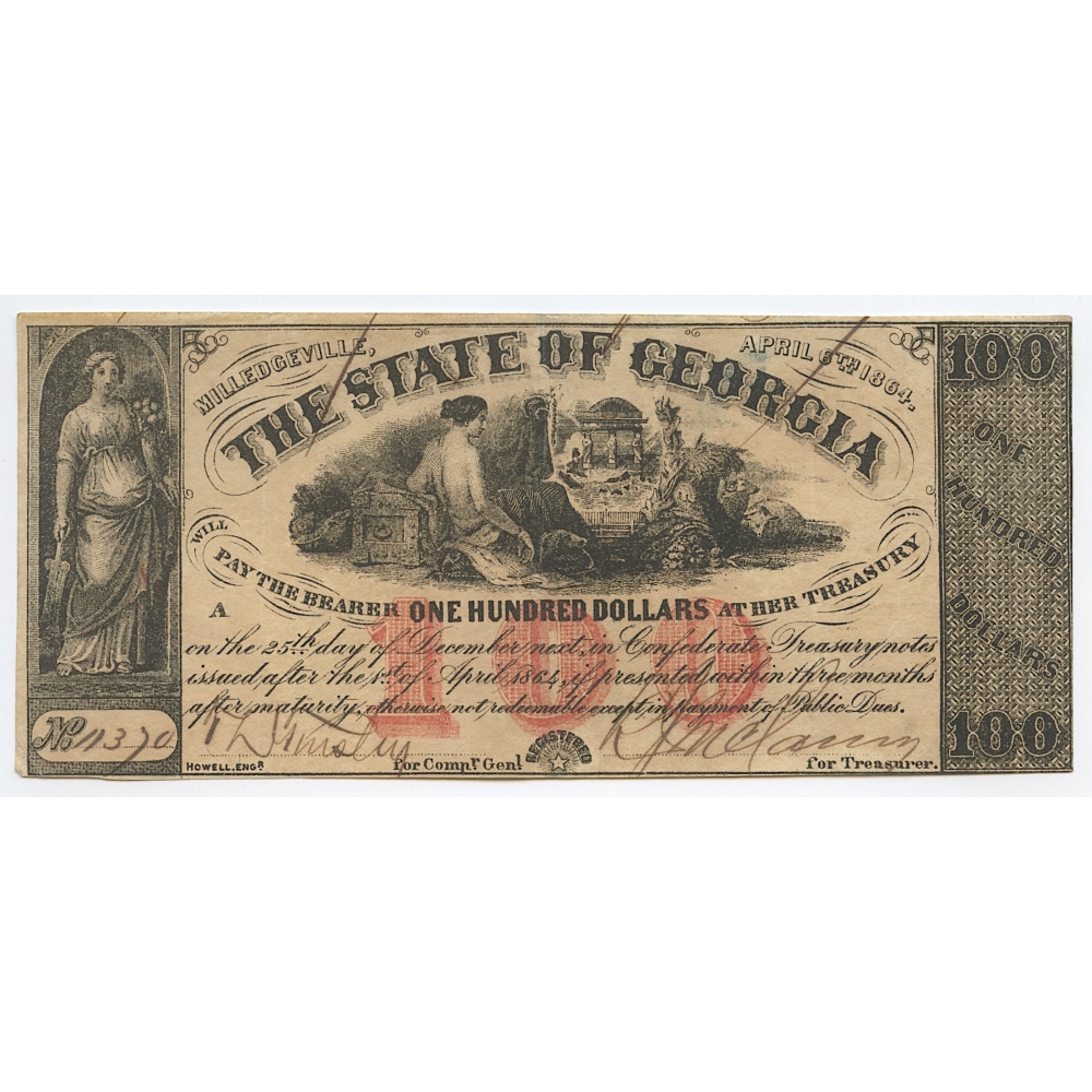 1864 $100 One Hundred Dollars Milledgeville, GA - The State of Georgia ...