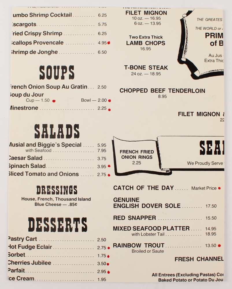 Stan Musial Signed 9" x 11.5" Stan Musial & Biggie's Restaurant Menu ...