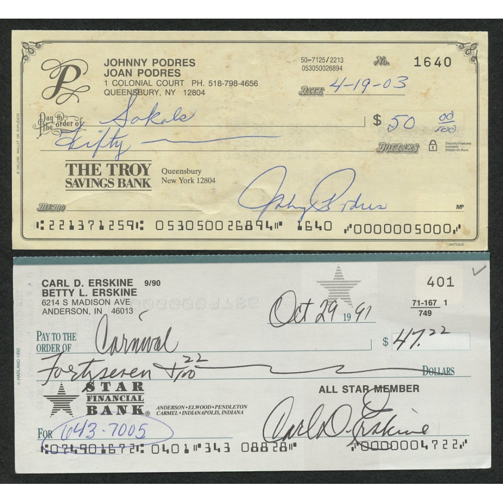 Lot of (2) Personal Checks Signed by Carl Erskine & Johnny Podres ...