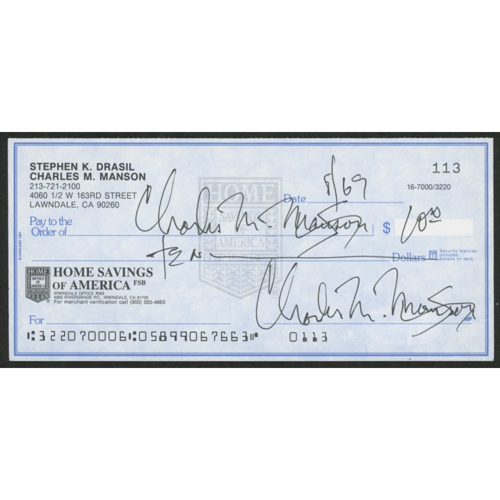 Charles Manson Twice-Signed Personal Bank Check (JSA LOA) | Pristine ...