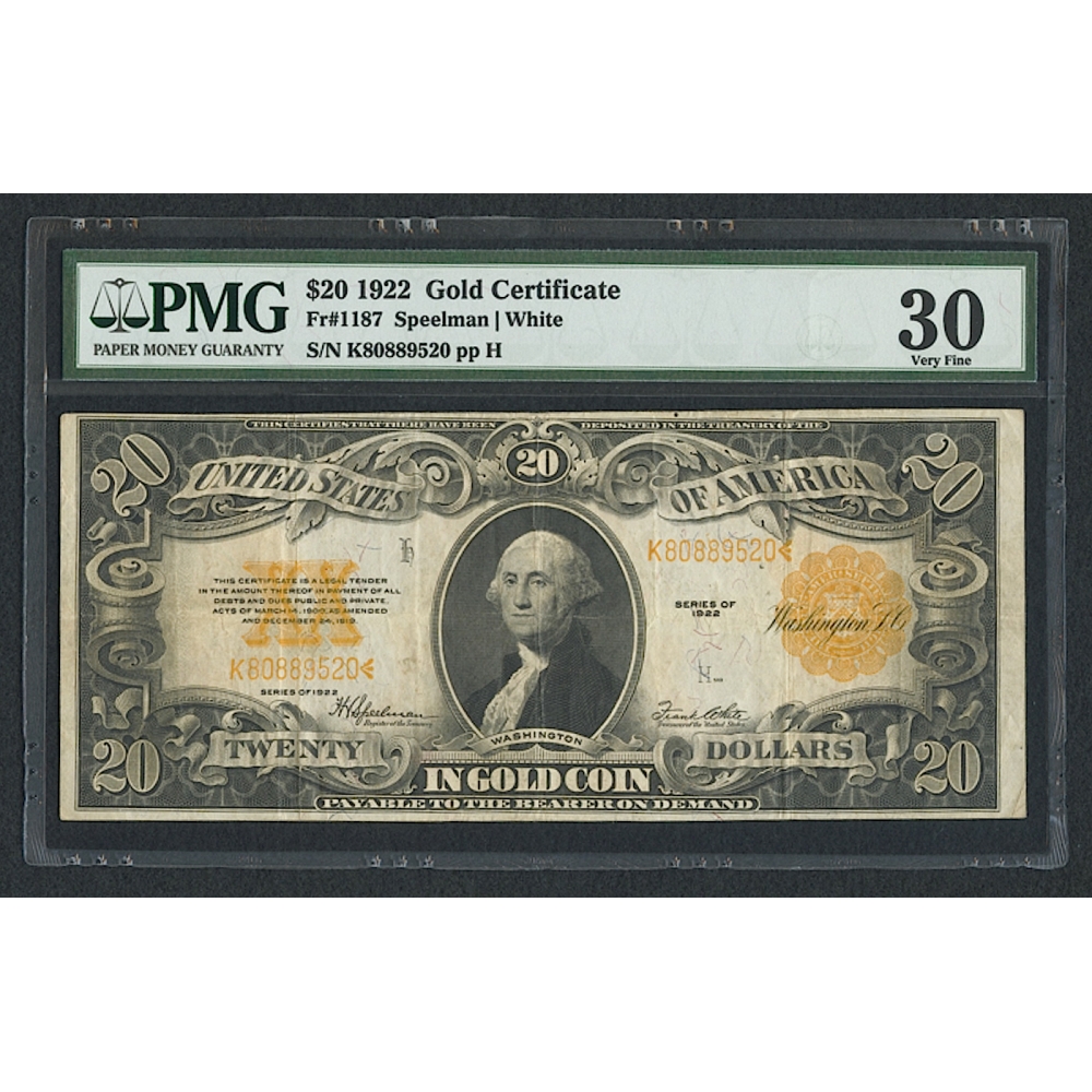 1922 $20 Twenty Dollars U.S. Gold Certificate Currency Large Size Bank ...