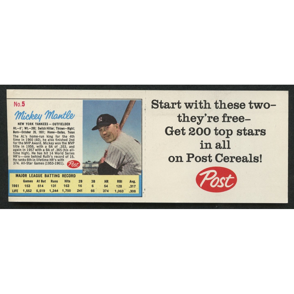 1962 Post Cereal Mickey Mantle Mantle / Roger Maris Uncut Ad Card ...