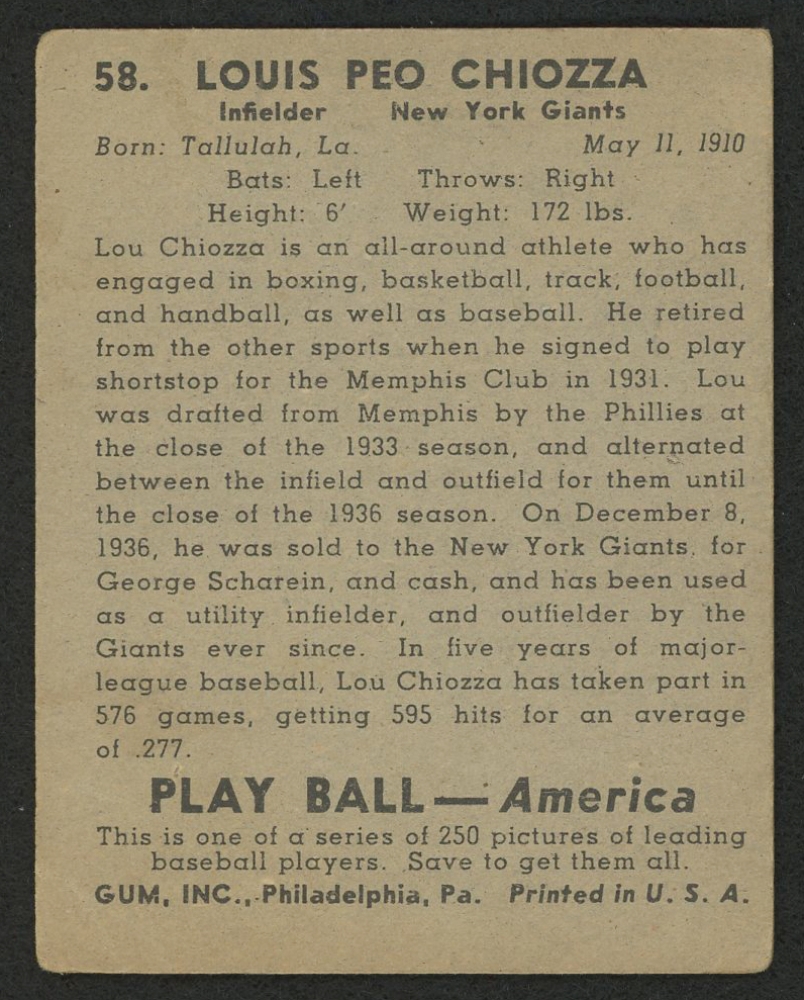 1939 Play Ball #58 Lou Chiozza RC | Pristine Auction