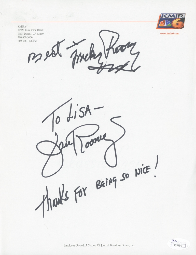Mickey Rooney & Jan Rooney Signed 8.5" x 11" NBC Cover Letter Inscribed ...