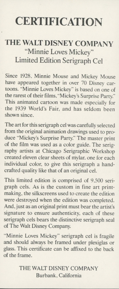 Marc Davis Signed Mickey & Minnie Walt Disney "Suprise Party Hugs ...