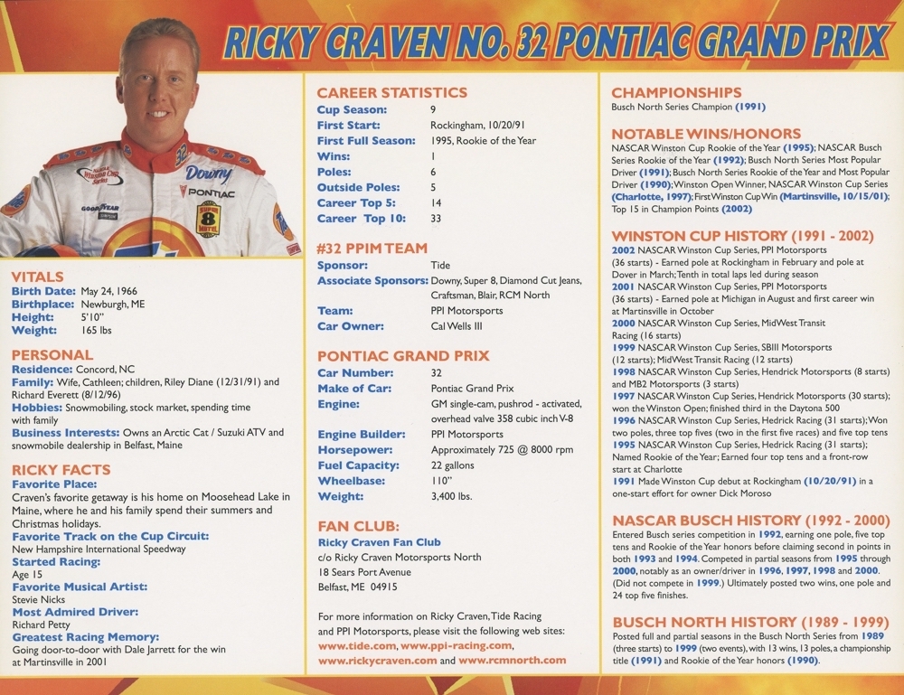 Ricky Craven Signed 8.5 x 11 Photo with Career Highlight Stats (JSA COA ...