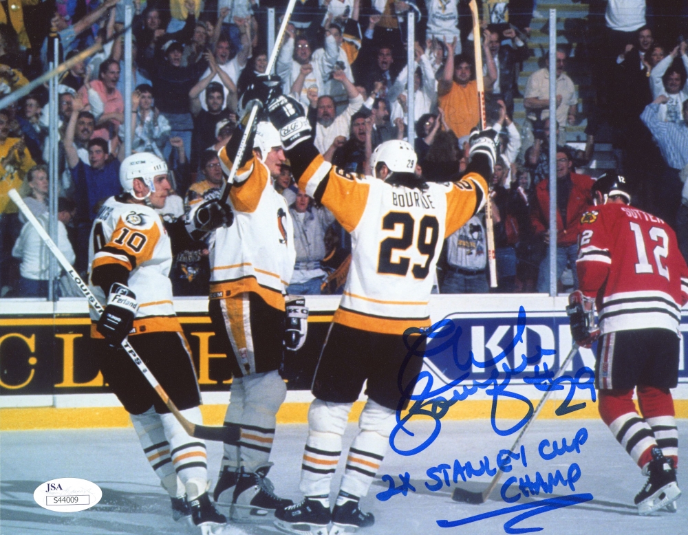 Phil Bourque Signed Penguins 8x10 Photo Inscribed "2x Stanley Cup ...