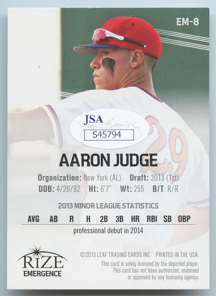 Aaron Judge Signed 2013 Rize Draft Emergence #8 (JSA COA) | Pristine ...