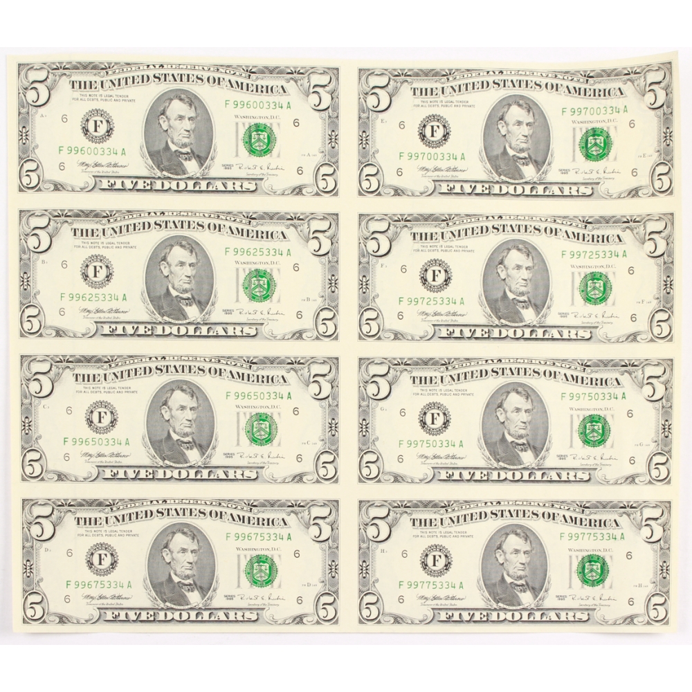 Uncut Sheet of (8) 1995 $5 Bills | Pristine Auction