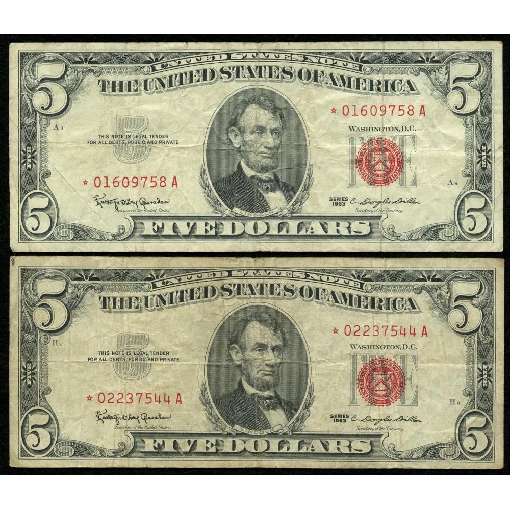 Lot of (2) Star Note 1963 $5 Five Dollar Red Seal U.S. Bank Note Bills ...