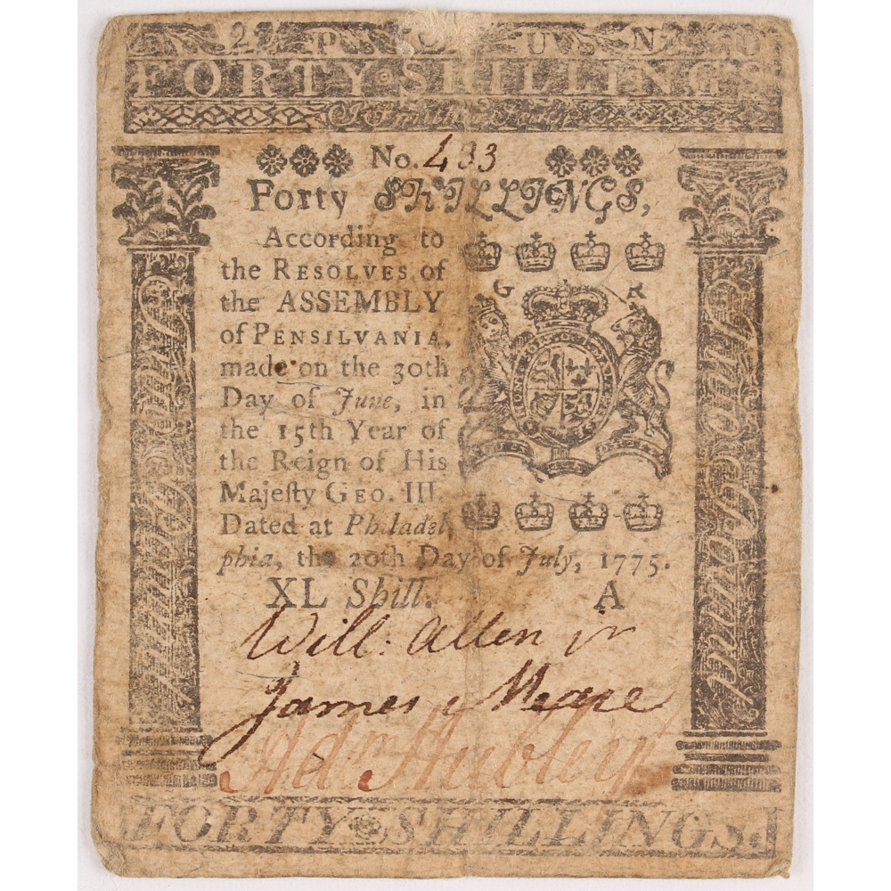 1775 Pennsylvania 40s. Forty-Shillings Colonial Currency Note - July ...
