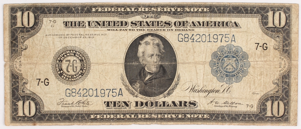 1914 $10 Ten-Dollar Blue Seal Federal Reserve Large Size Bank Note (Fr ...