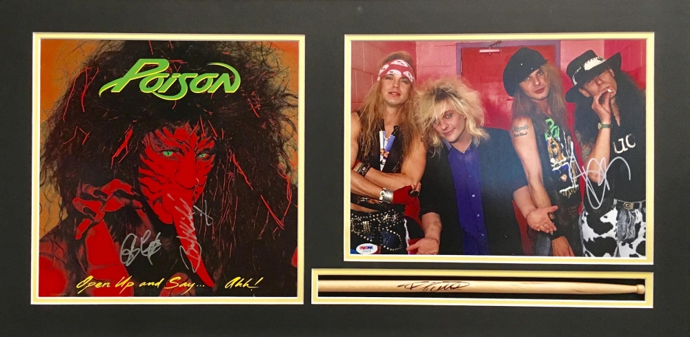 Poison 36" x 20" Custom Framed Photo & Drumstick Display Signed by (4 ...