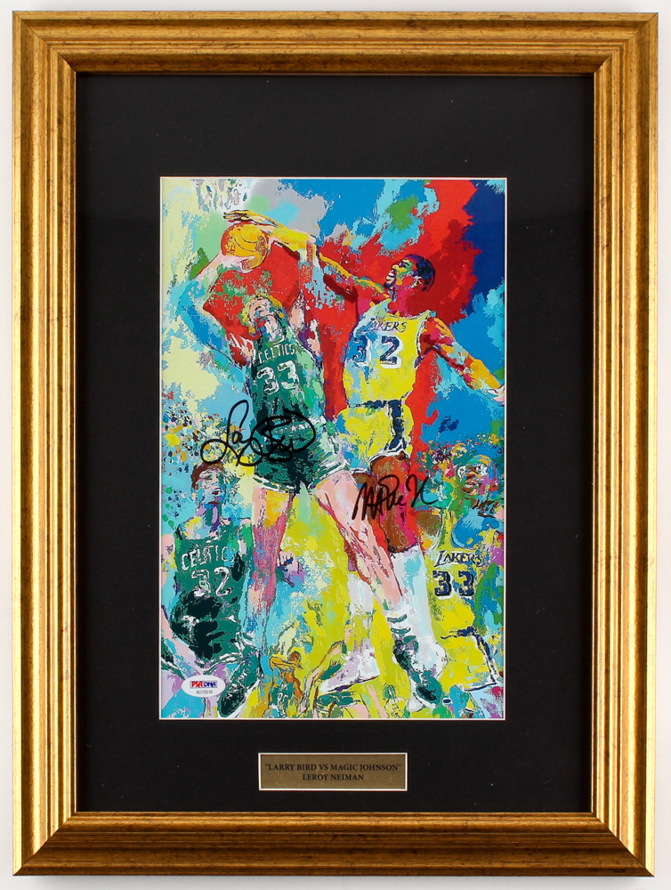 Magic Johnson & Larry Bird Signed 14.75" x 19.75" Custom Framed Leroy Neiman Print Display (PSA ...