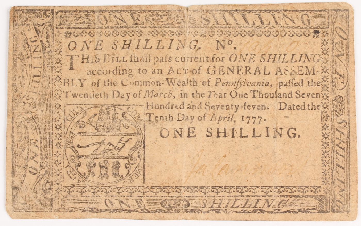 1777 Pennsylvania 1s. One-Shilling Colonial Currency Note - April 10th ...