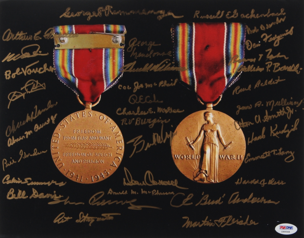 WWII Victory Medal 11x14 Photo Signed By (34) with Steve Pisanos, Bud ...