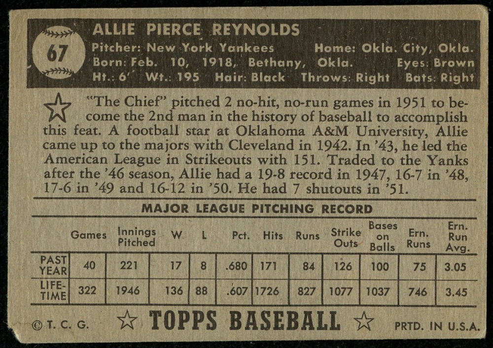 1952 Topps #67 Allie Reynolds | Pristine Auction