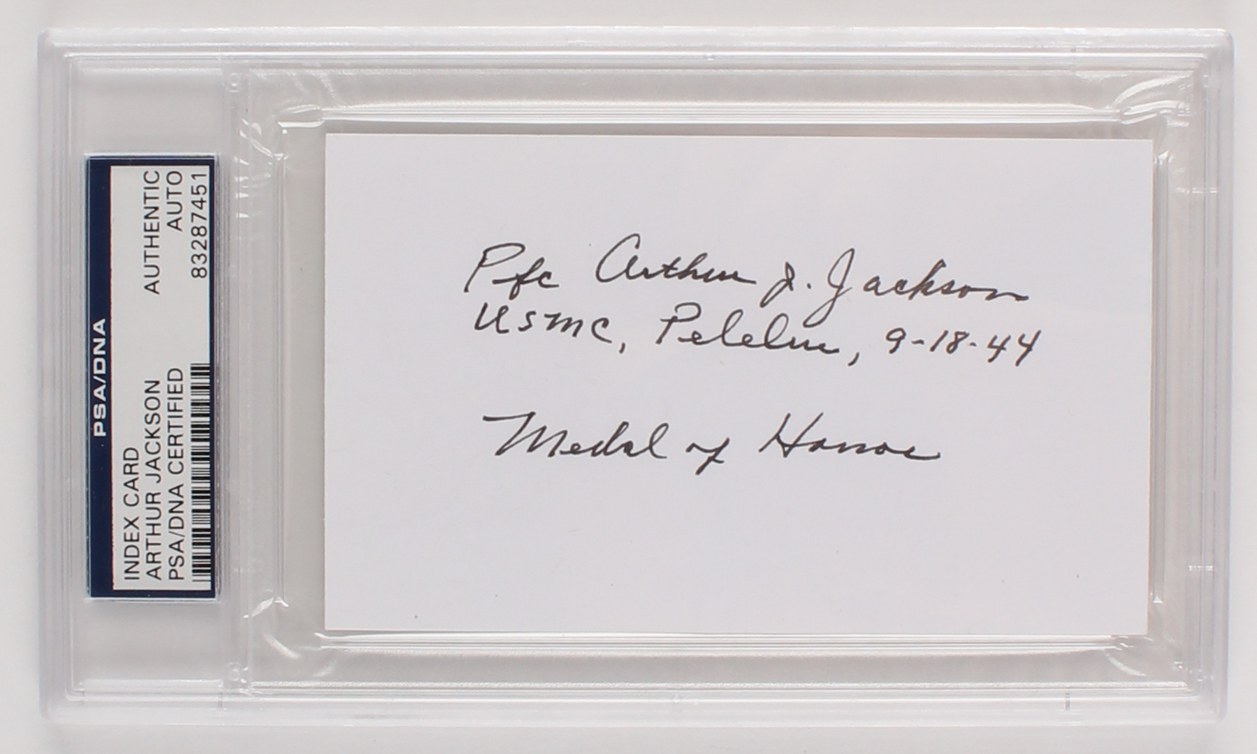 PFC Arthur J. Jackson Signed 3" x 5" Index Card Inscribed "USMC ...