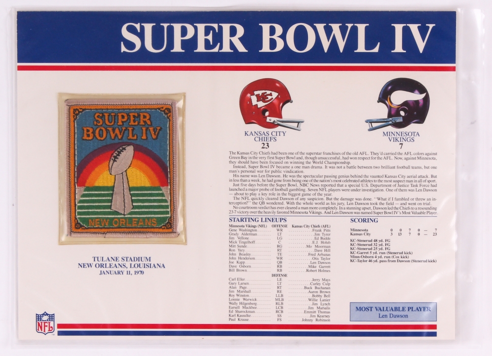Commemorative Super Bowl IV Score Card With Patch: Chiefs vs Vikings ...