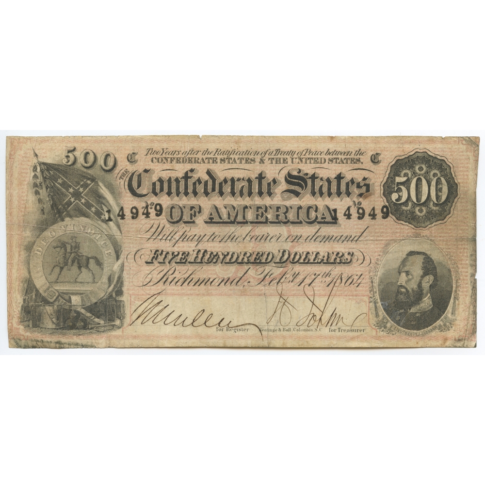 1864 $500 Five Hundred Dollars Confederate States of America Richmond ...