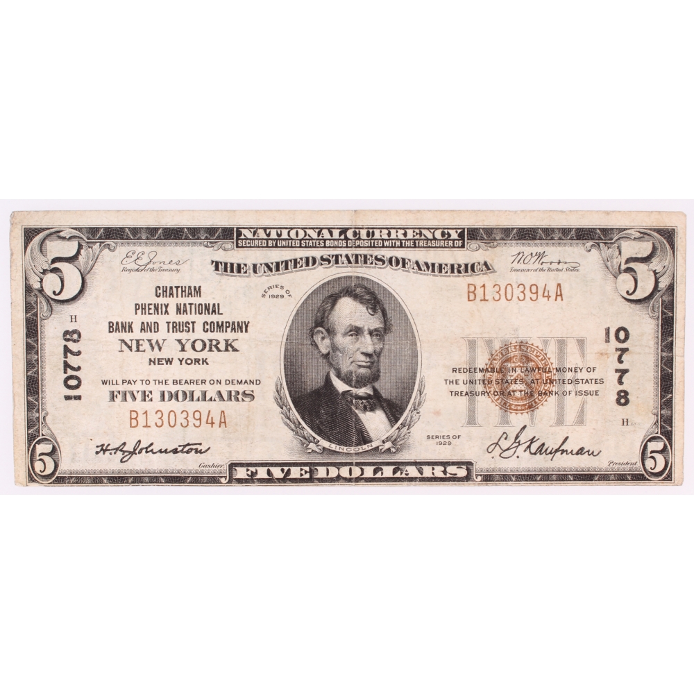 1929 $5 Five-Dollar Brown Seal United States National Bank Note ...