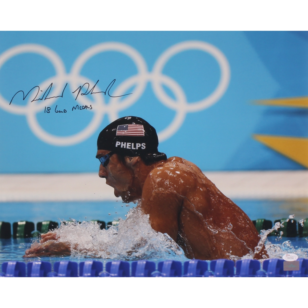 Michael Phelps Signed Team USA 16x20 Photo Inscribed "18 Gold Medals ...