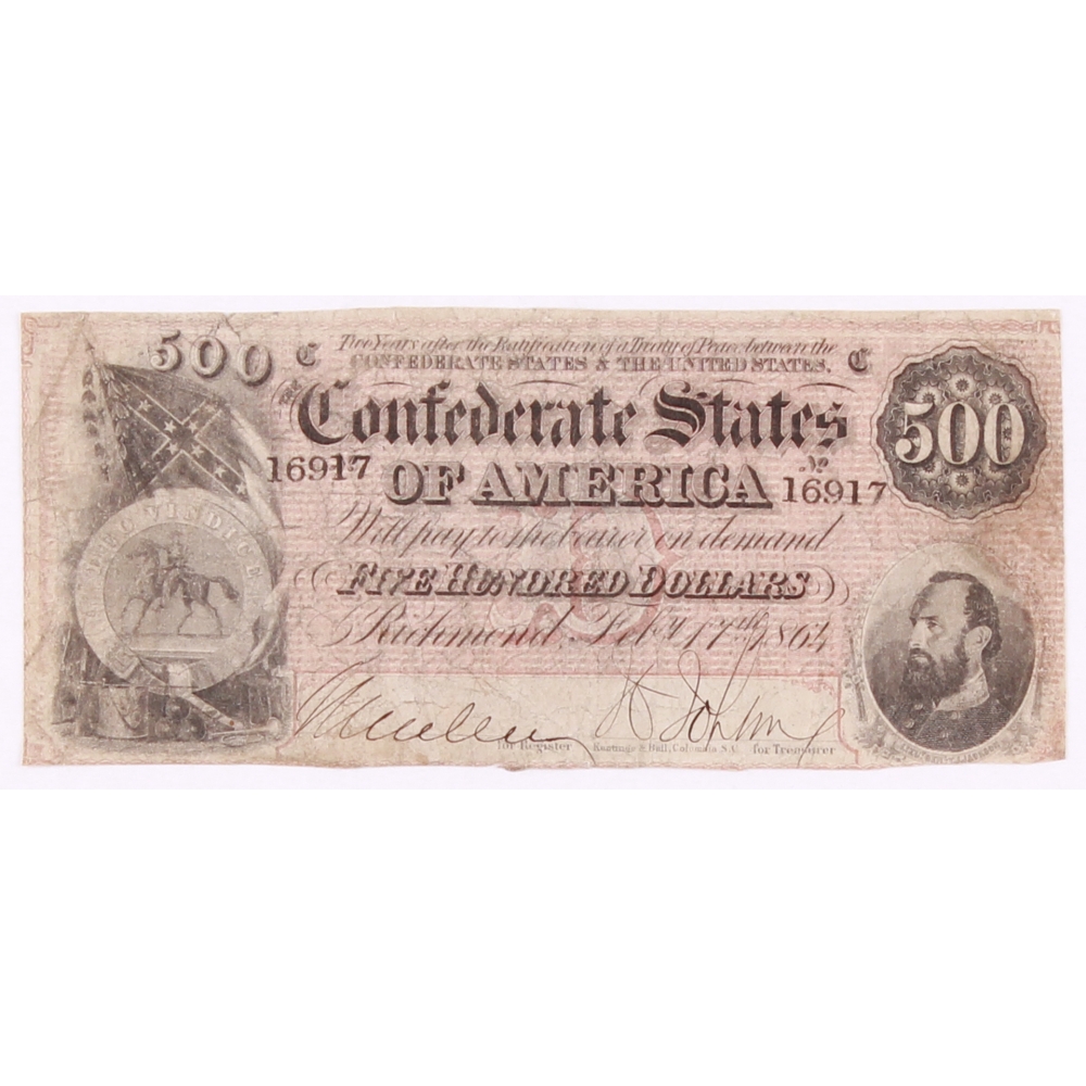 1864 $500 Five Hundred Dollars Confederate States of America Richmond ...
