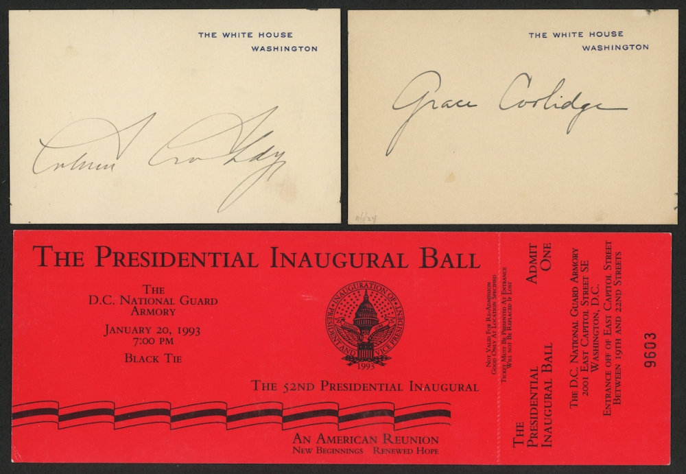 Lot of (3) Presidential Items With 1993 Presidential Inaugural Ball Ticket & (2) 2.5" x 4" Cuts ...