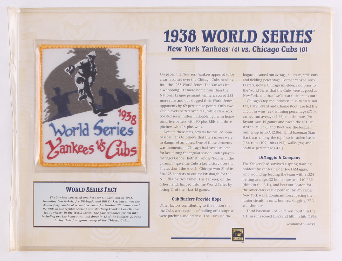 1938 World Series Patch Card with 9x12 Scorecard: Yankees vs Cubs ...