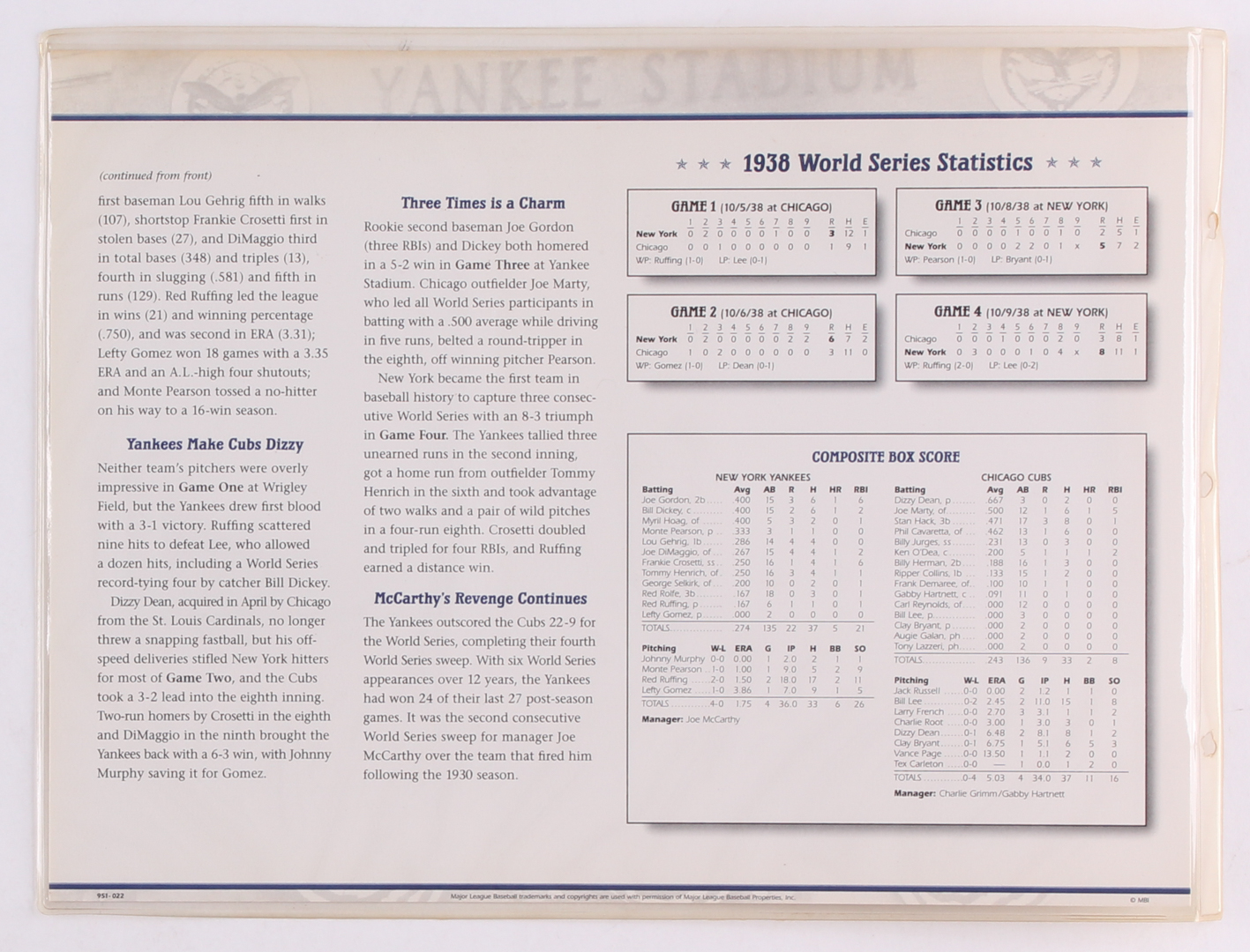1938 World Series Patch Card with 9x12 Scorecard: Yankees vs Cubs ...