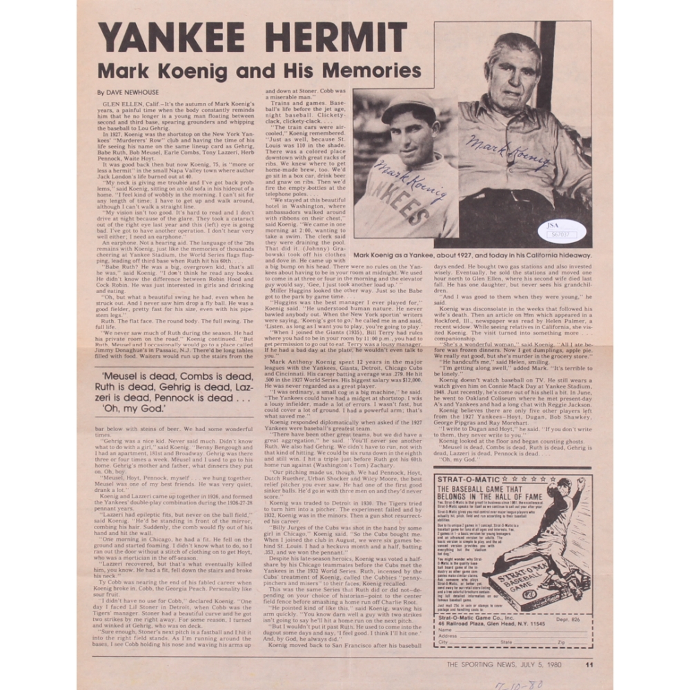 Mark Koenig Signed "The Sporting News" July 5, 1980 Newspaper Clipping ...