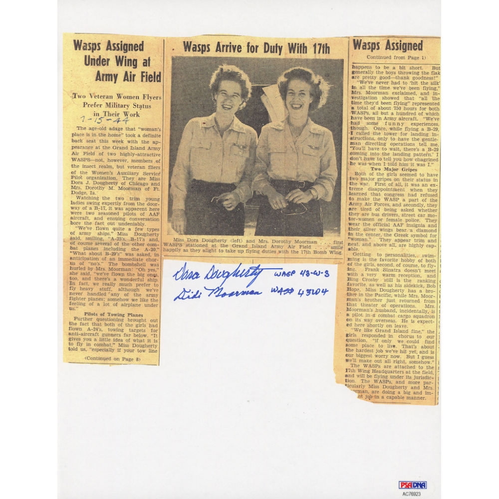 WWOO WASP Pilots Dora Dougherty & Didi Moorman Signed 8.5x11 Newspaper ...