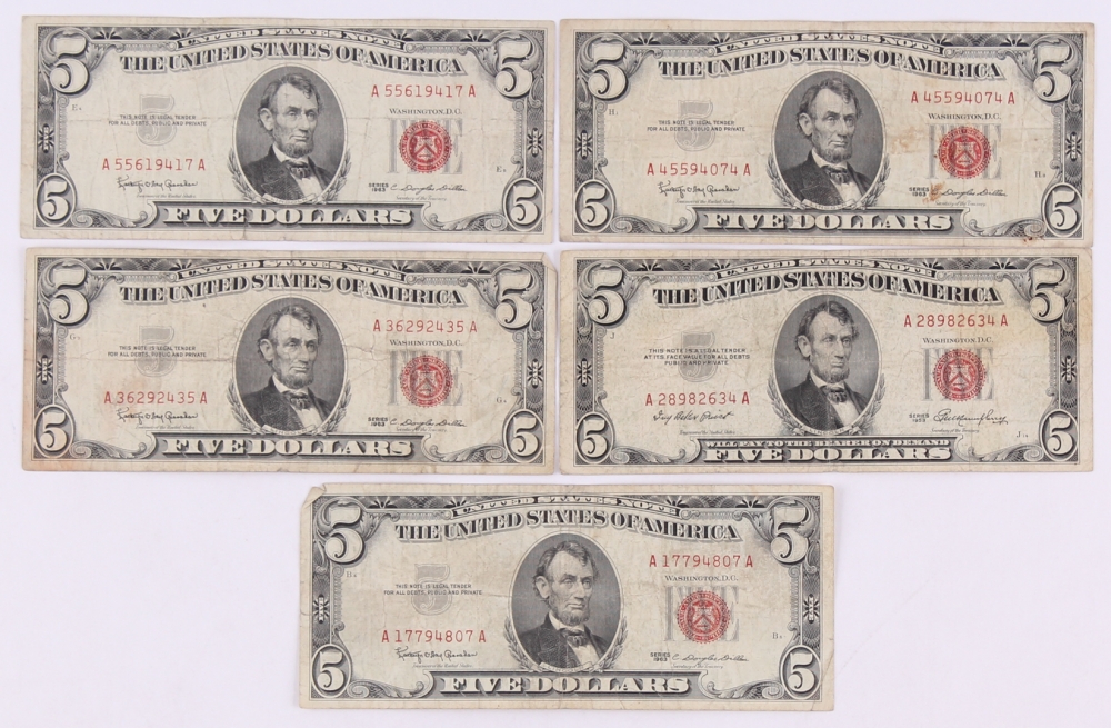 Lot of (5) 1953-1963 $5 Five Dollar Red Seal U.S. Bank Note Bills ...
