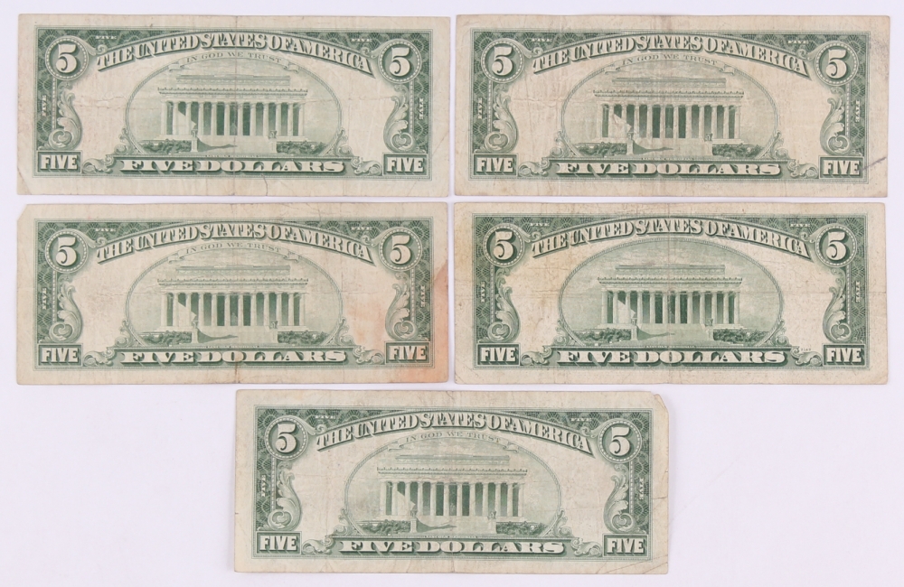 Lot of (5) 1953-1963 $5 Five Dollar Red Seal U.S. Bank Note Bills ...