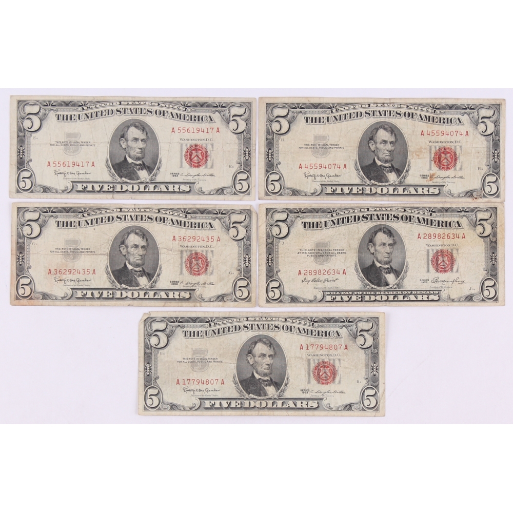 Lot of (5) 1953-1963 $5 Five Dollar Red Seal U.S. Bank Note Bills ...