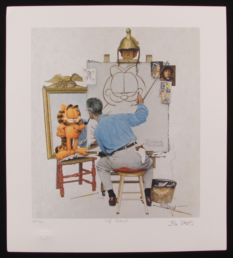 Jim Davis Signed "Self Portrait" 15x16.75 Norman Rockwell & Garfield ...