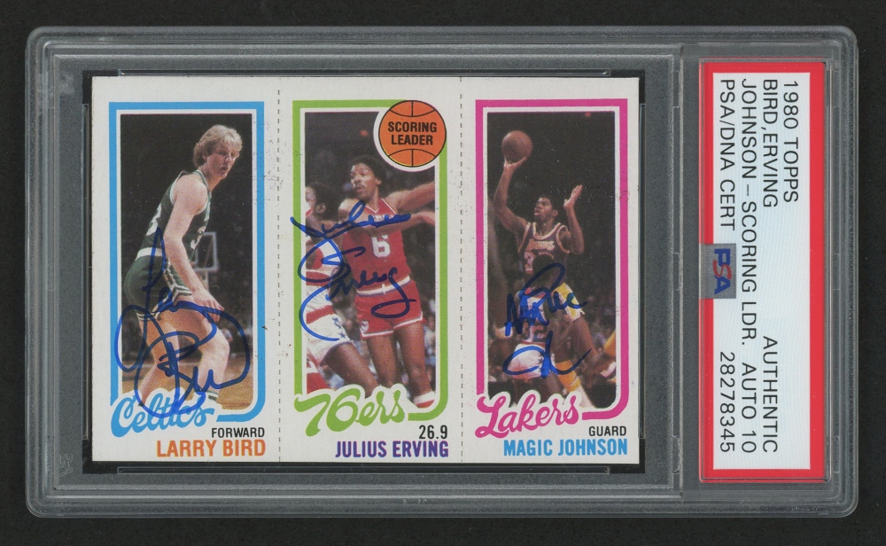 Larry Bird, Julius Erving & Magic Johnson Triple Signed 1980-81 Topps RC (PSA Encapsulated ...
