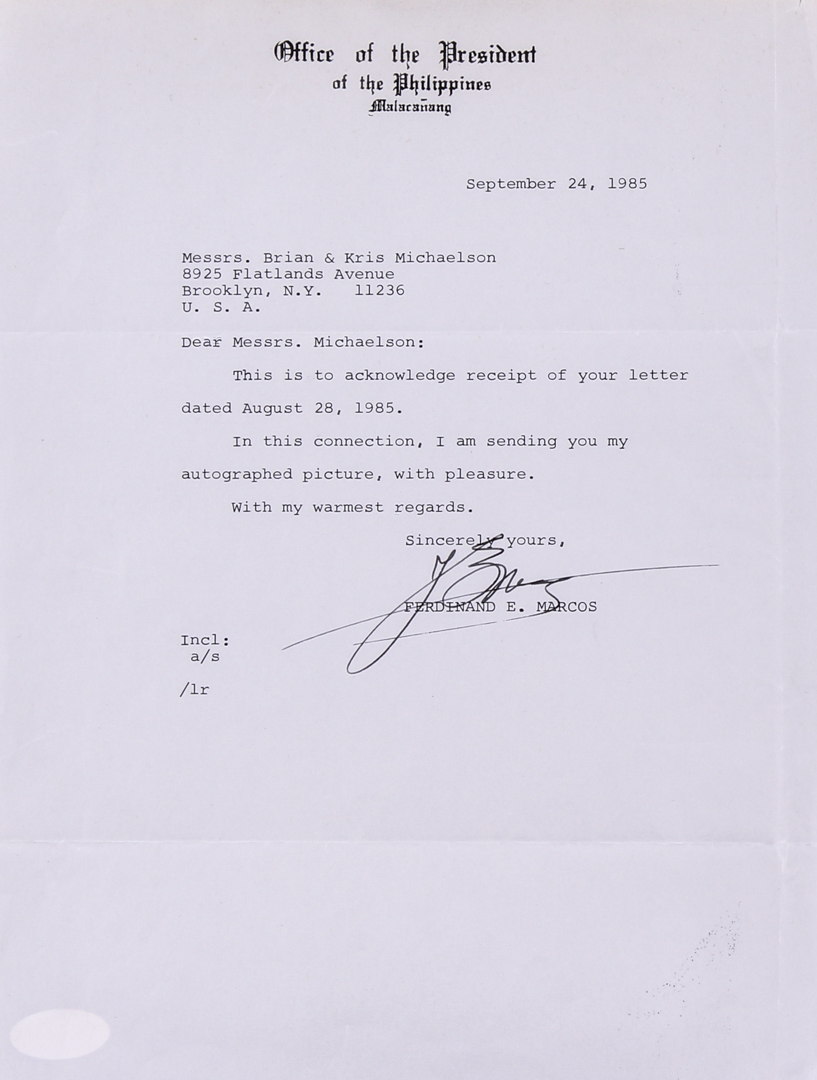 Ferdinand Marcos Signed Typed Letter (JSA COA) | Pristine Auction