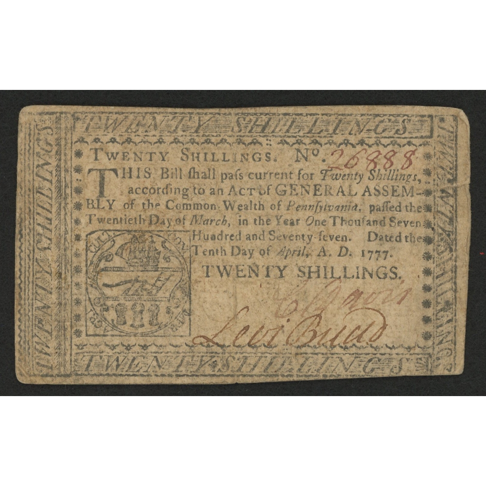 1777 Twenty Shillings Philadelphia Colonial Currency Bank Note Bill ...