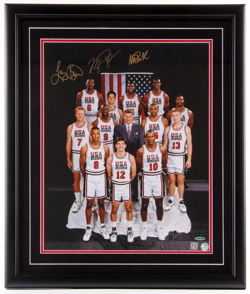 Magic Johnson, Larry Bird & Michael Jordan Signed 22.5x26.5 Custom Framed Photo Display (UDA COA ...