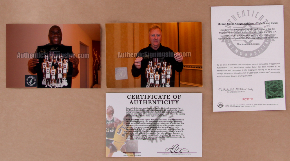 Magic Johnson, Larry Bird & Michael Jordan Signed 22.5x26.5 Custom Framed Photo Display (UDA COA ...