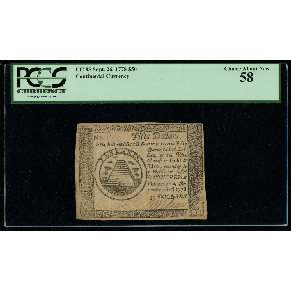1778 Continental Currency $50 Fifty-Dollar Colonial Currency Note ...