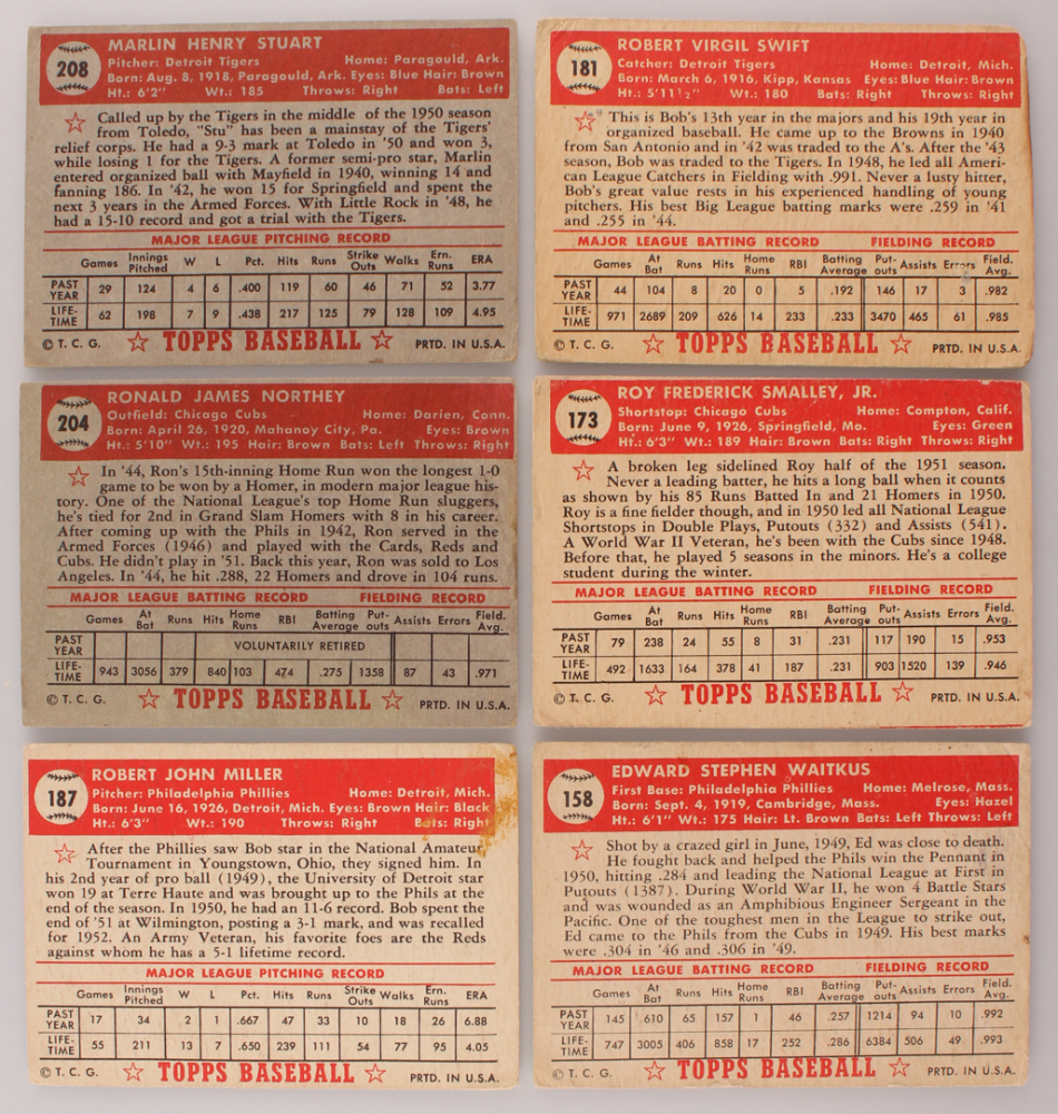 Lot of (6) 1952 Topps Baseball Cards with #158 Eddie Waitkus, #173 Roy ...