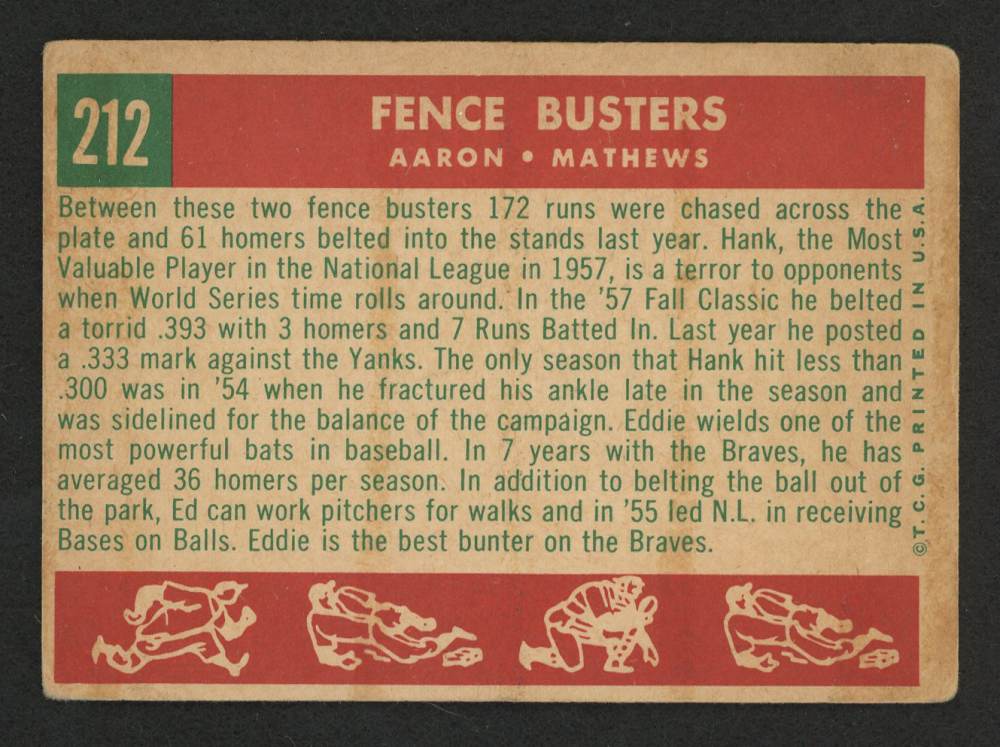 1959 Topps #212 Fence Busters / Hank Aaron / Eddie Mathews | Pristine ...