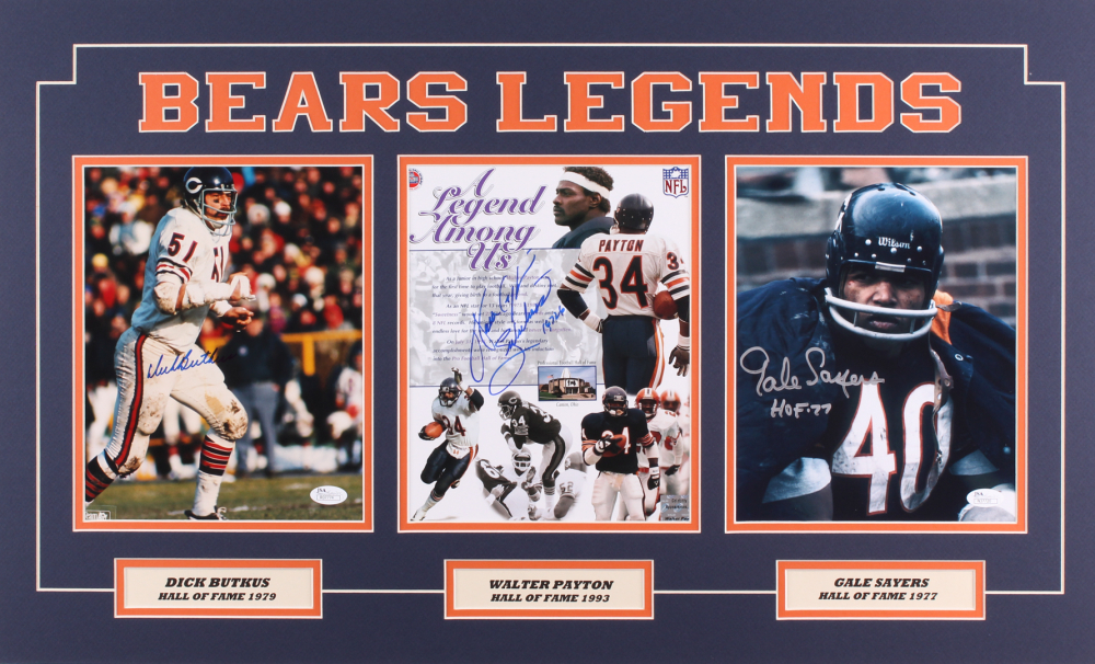 Walter Payton, Dick Butkus & Gale Sayers Signed Bears 18x30 Custom ...
