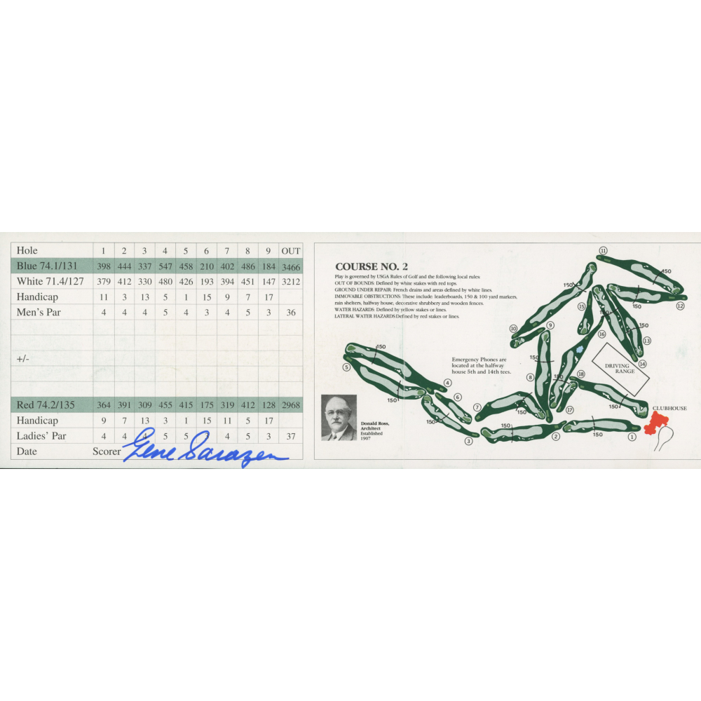 Gene Sarazen Signed Pinehurst Resort & Country Club No.2 Score Card ...