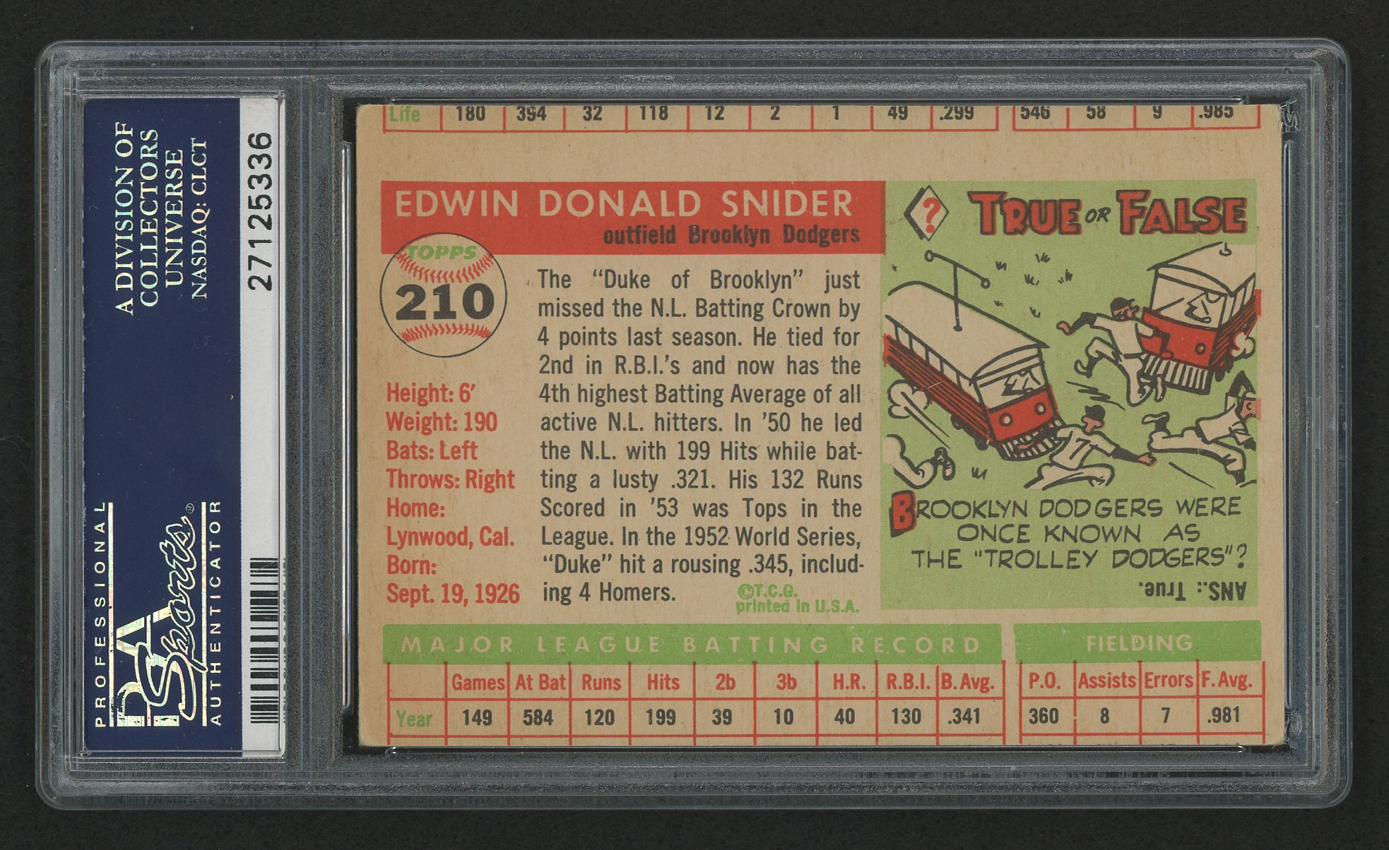 1955 Topps #210 Duke Snider (PSA 4) (Miss Cut) | Pristine Auction