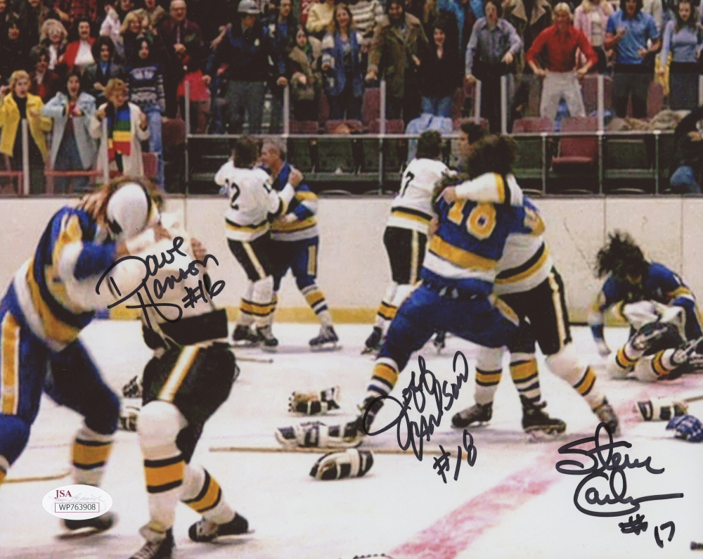 Dave Hanson, Steve Carlson & Jeff Carlson Signed "Slap Shot" 8x10 Photo (JSA COA) | Pristine Auction