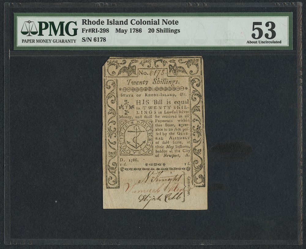 1786 Colonial Currency 20 Shillings Rhode Island Note (PMG 53) | Pristine Auction