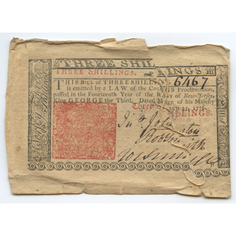 1776 Three Shilling New Jersey Colonial Currency Bank Note | Pristine ...